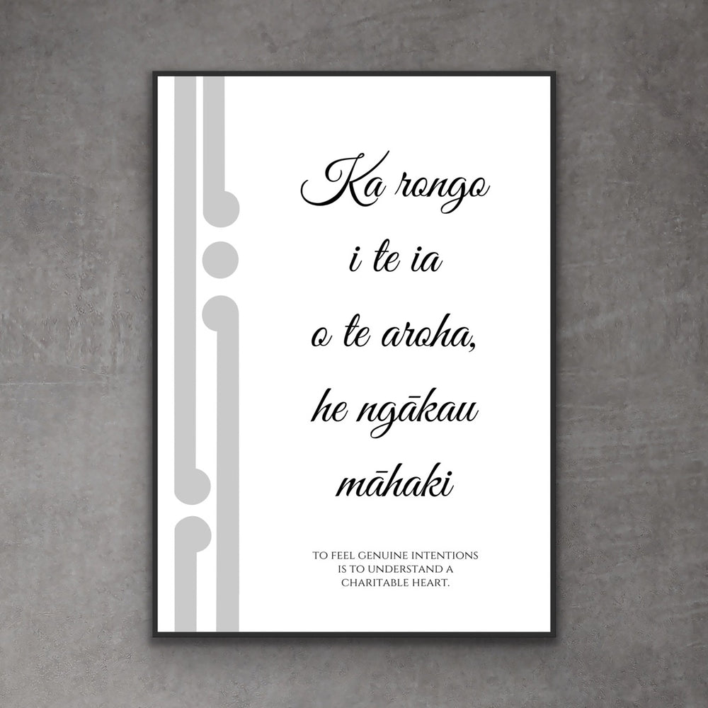Ka rongo i te ia o te aroha, he ngākau māhaki print – Rauhī design
